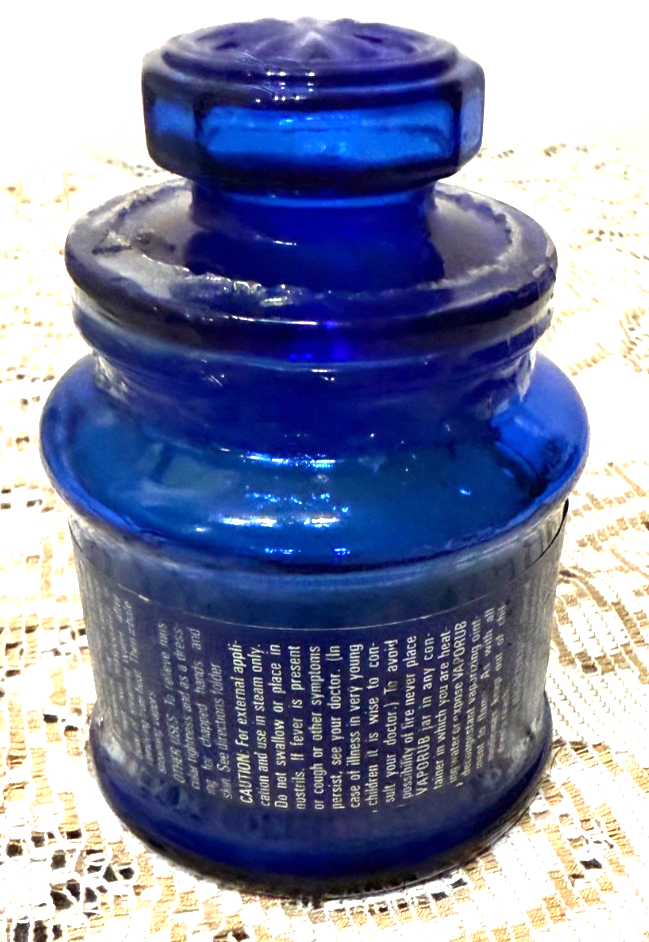 NEW VTG GLASS VICKS VAPOR RUB CONTAINER COBALT BLUE 5.8 OZ. w LABEL ...