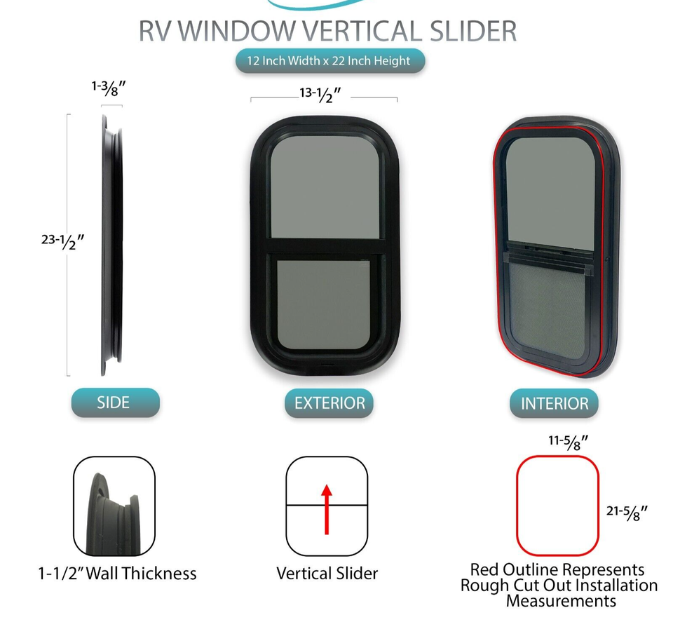 12" Width x 22" Height, Vertical Slider W/ Screen, RV Window, Camper ...