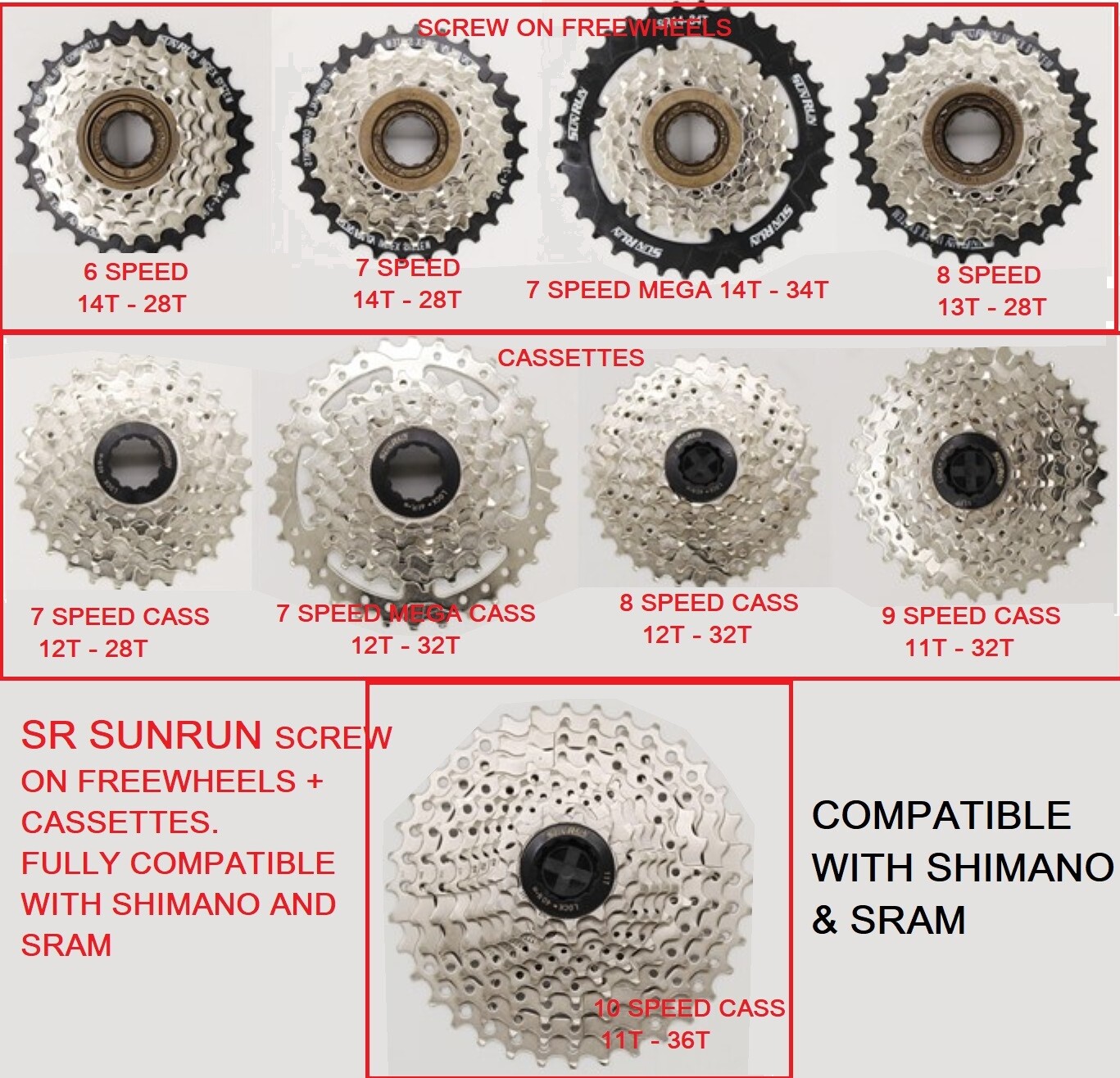 SR BIKE GEAR FREEWHEELS & CASSETTE COGS, 6, 7 / 7MEGA / 8 / 9 /10 SPEED ...