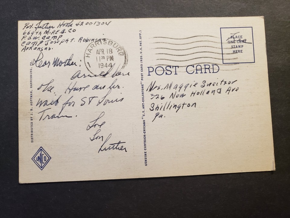 POW Camp JOSEPH T. ROBINSON, ARK 1944 WWII Army Postcard Harrisburg, PA ...