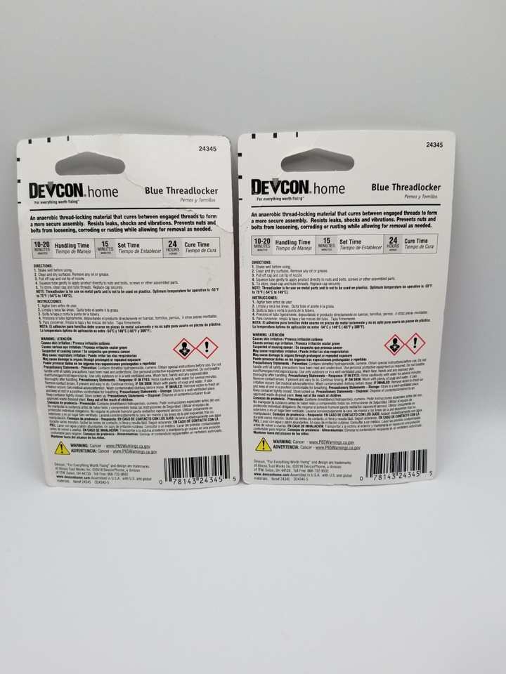 2x Devcon Home 24345 Blue Threadlocker Removable Strength Type 245 ...