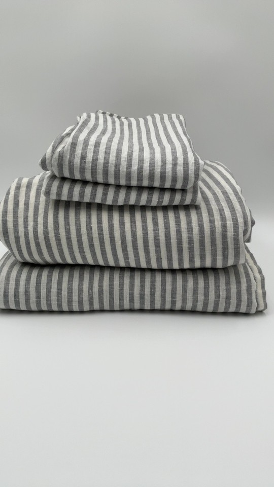 Quince European Linen Stripe Set Grey/White Sheet Bedding Queen | eBay