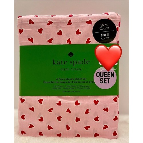 KATE SPADE Queen Sheet Set BRUSHSTROKE HEARTS Red Hearts Pink ...