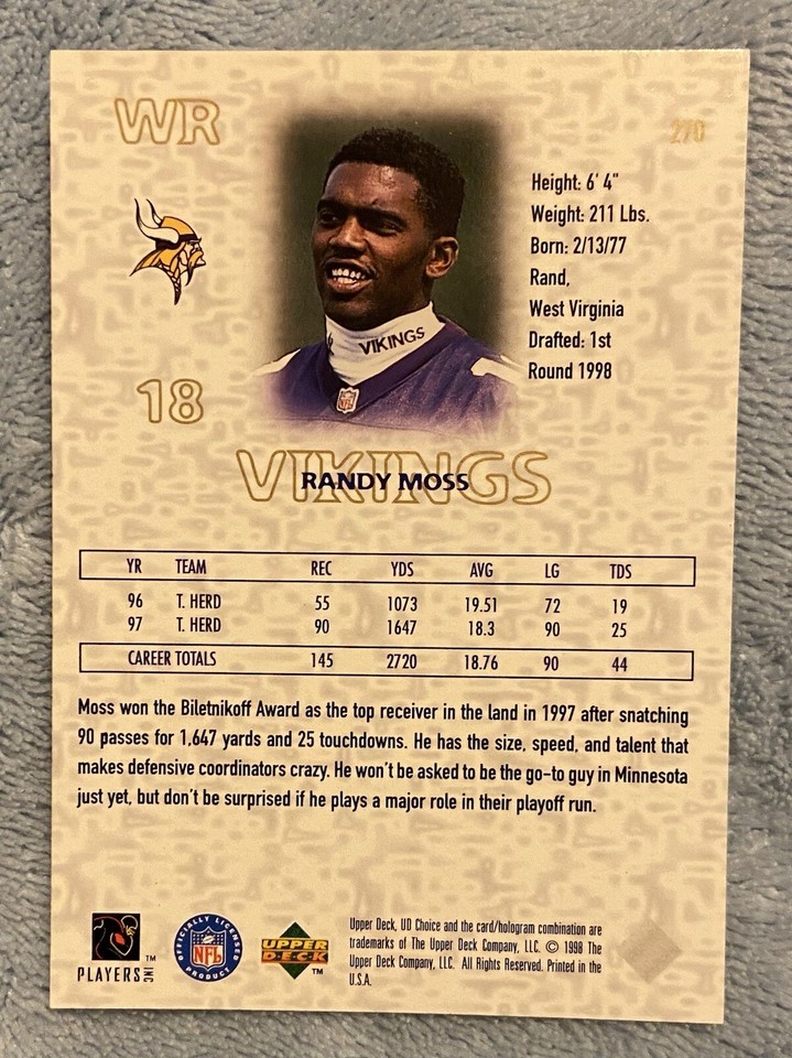 1998 Upper Deck Choice Randy Moss Rookie Card RC #270 Minnesota Vikings ...