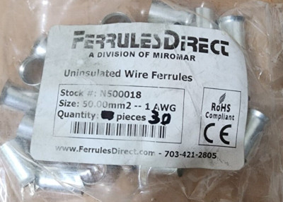 (Lot of 30) FERRULESDIRECT N500018 - 1 AWG (18mm - Pin) Non Insulated ...