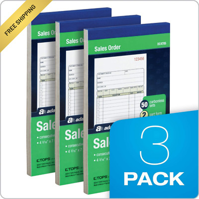 3 Pack Adams Sales Order Book, 2-Part, Carbonless, 4-3/16" x 7-3/16" 50 ...
