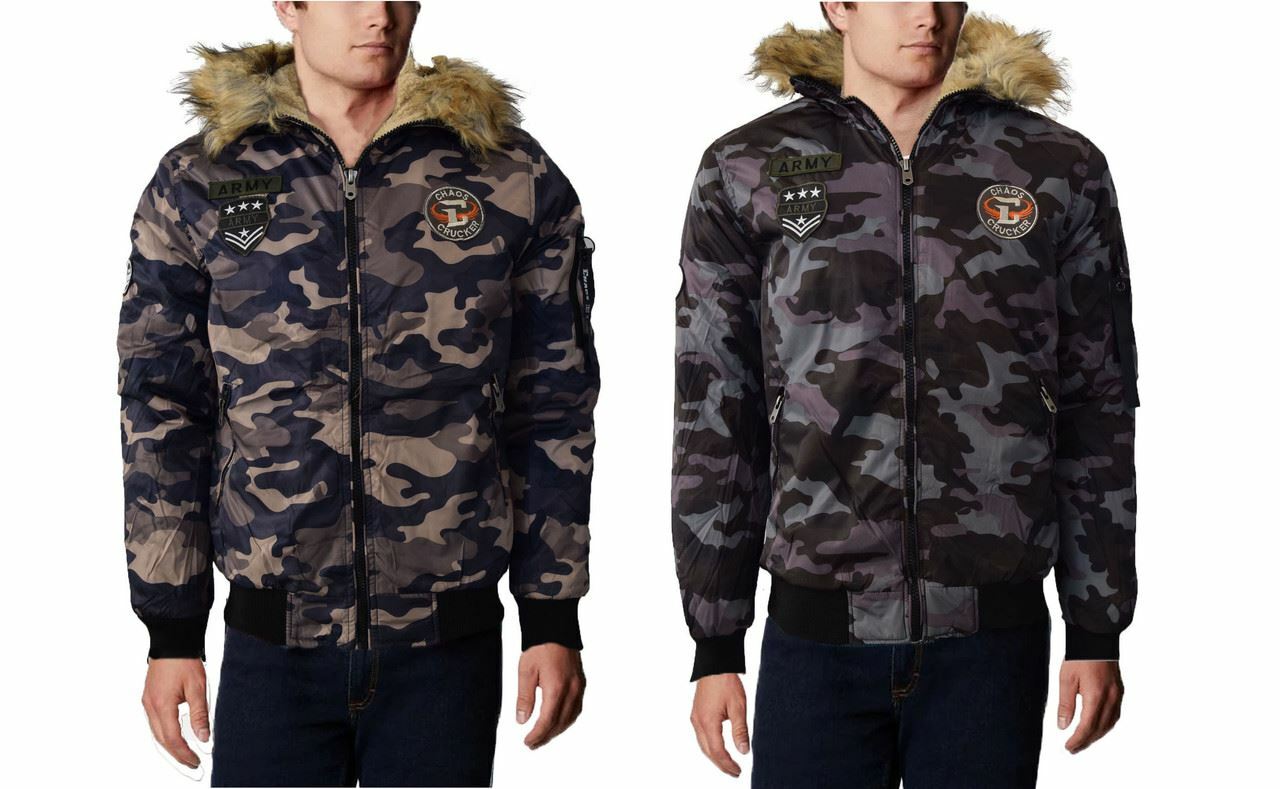 CHAOS CRUCKER ARMY CAMOUFLAGED FULL ZIP FAUX FUR TRIM HOODED ...