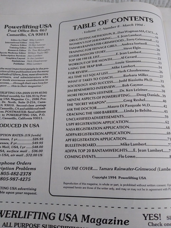 POWERLIFTING USA Bodybuilding Magazine Back Issue Mar 1994 Top 20 Women ...