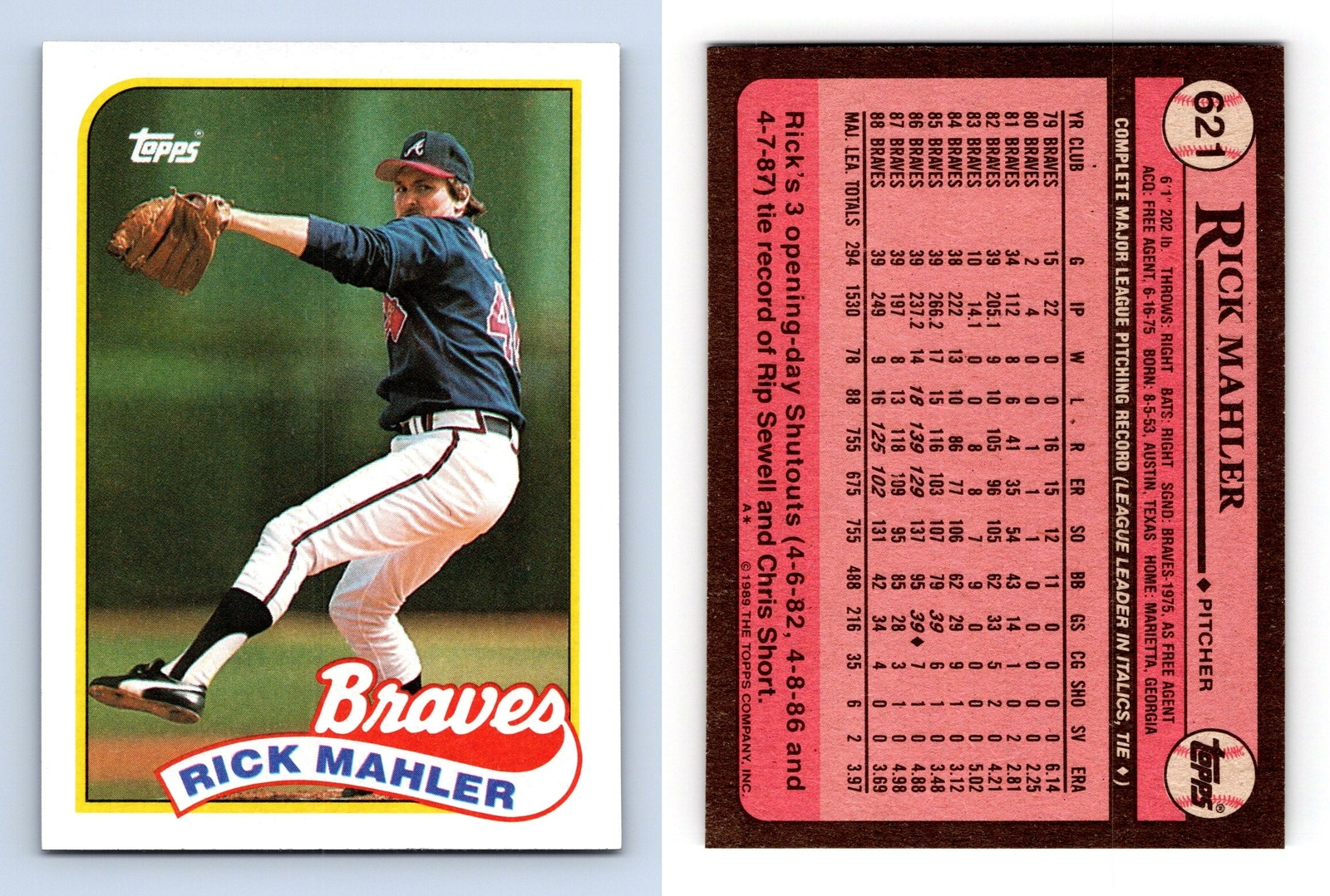 Rick Mahler - Braves #621 Topps 1989 Baseball Trading Card | eBay