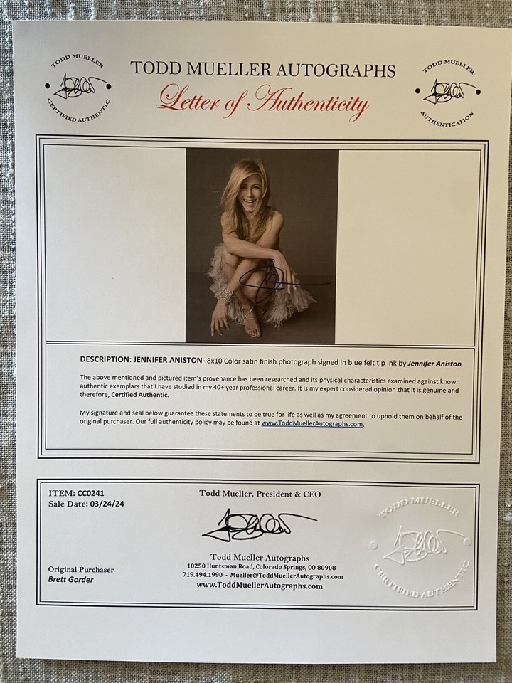 Jennifer Aniston Signed Autograph Photo 8x10 Authentic Letter Of ...