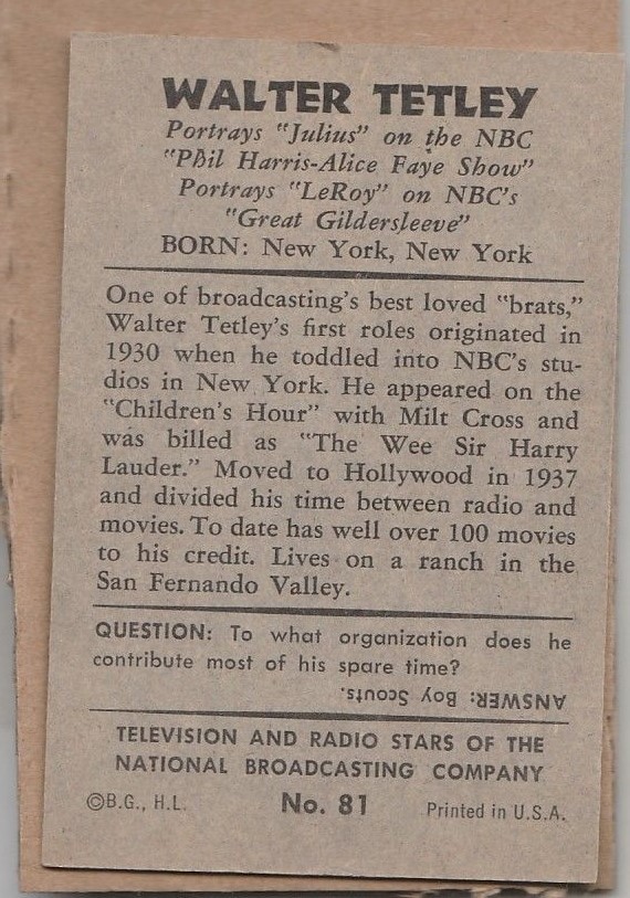 1953 Bowman NBC TV & Radio # 81 Walter Tetley | eBay