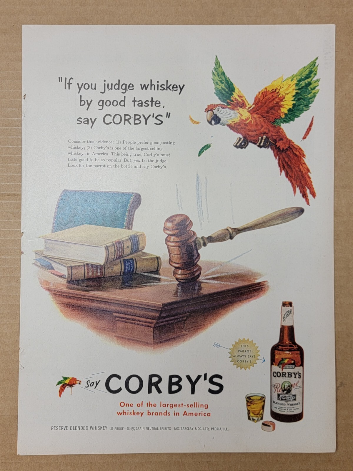 Original Vintage 1950's 1952 Print Ad Corby's Whiskey Parrot Courtroom ...