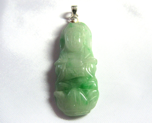 NATURAL GREEN JADE LADY BUDDHA GUANYIN KWAN YIN PENDANT Silver 35mm x ...