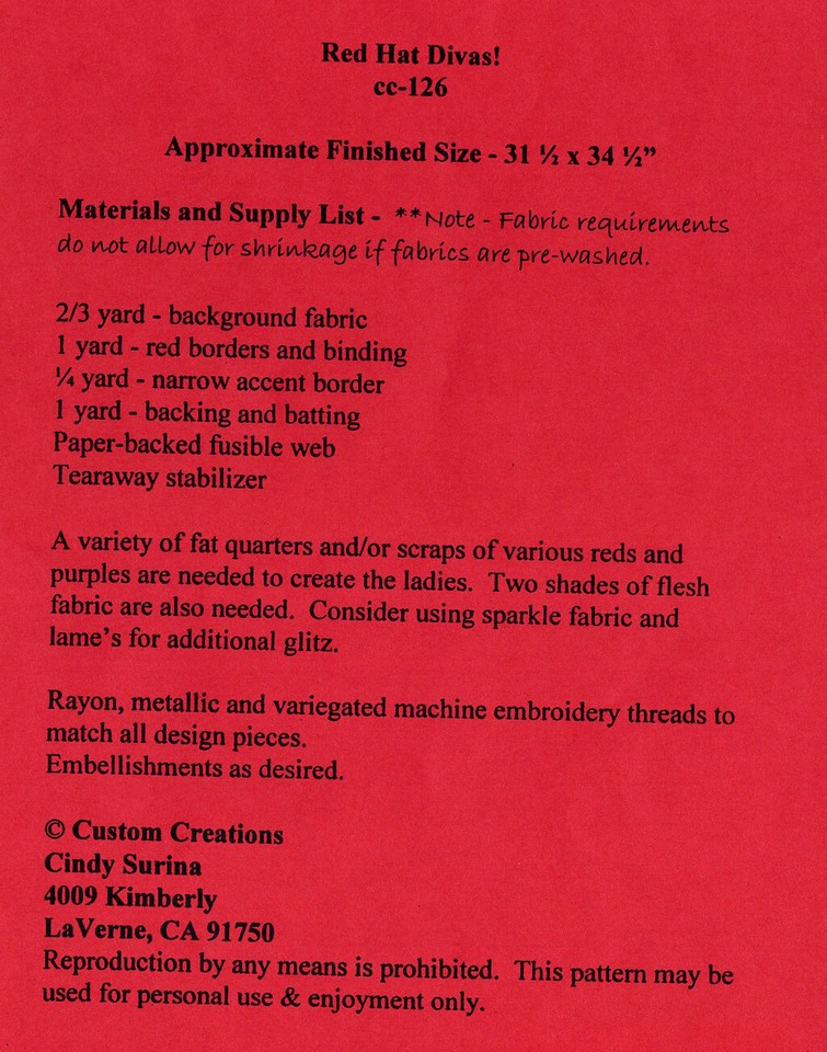 Red Hat Divas! Applique Wall Quilt Pattern by Custom Creations CC-126 ...