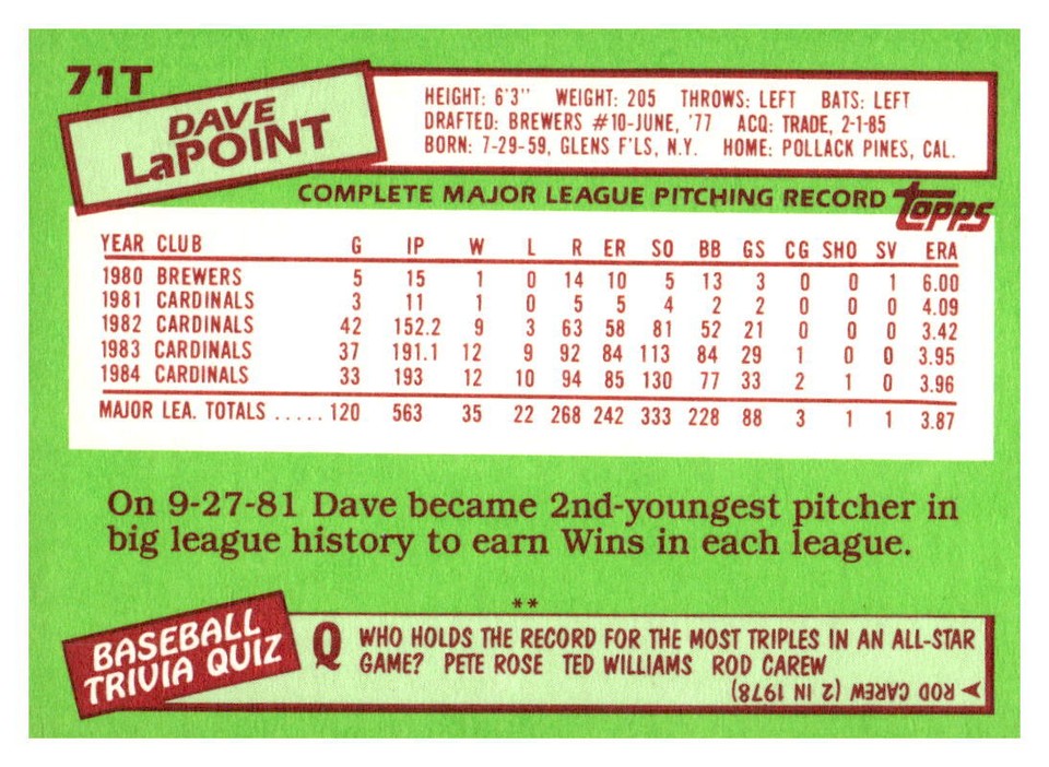 1985 Topps Traded 71T Dave LaPoint San Francisco Giants Baseball Card ...