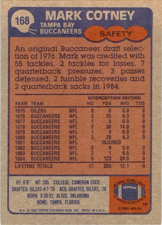 1985 TOPPS; MARK COTNEY* TAMPA BAY BUCCANEERS #168 | eBay