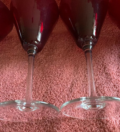 RED Cup WATER GOBLETS Clear Stem Ruby Wine Glass Set Of 4 Inside Ridged ...