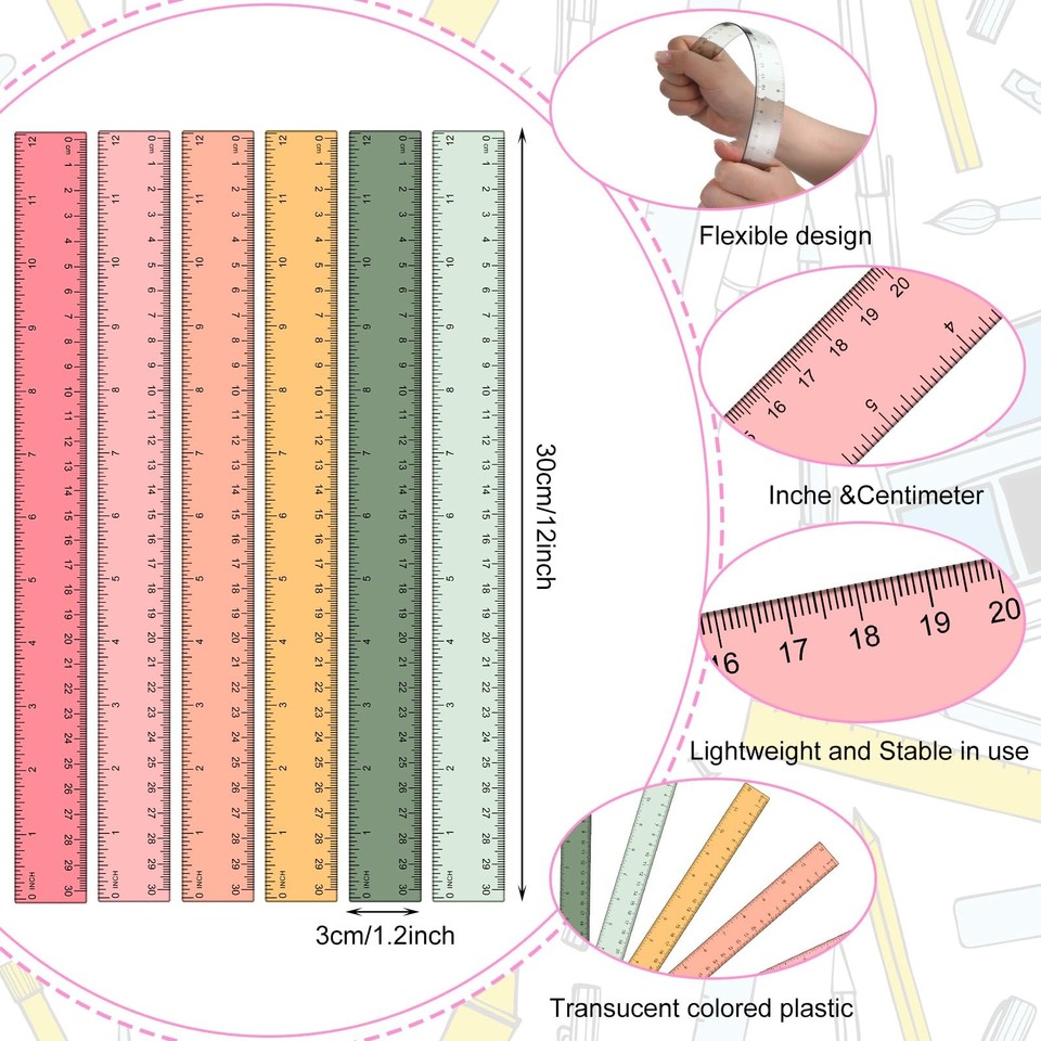 306 Pcs 12 Inch Plastic Ruler Color Transparent Colorful Metric Clear ...
