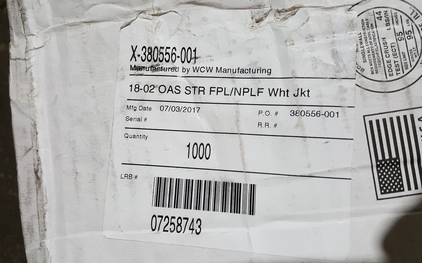 SMART WIRE RACK PACK 18-02 OAS STR FPL/NPLF WHT JKT 1000FT X-380556-001 ...