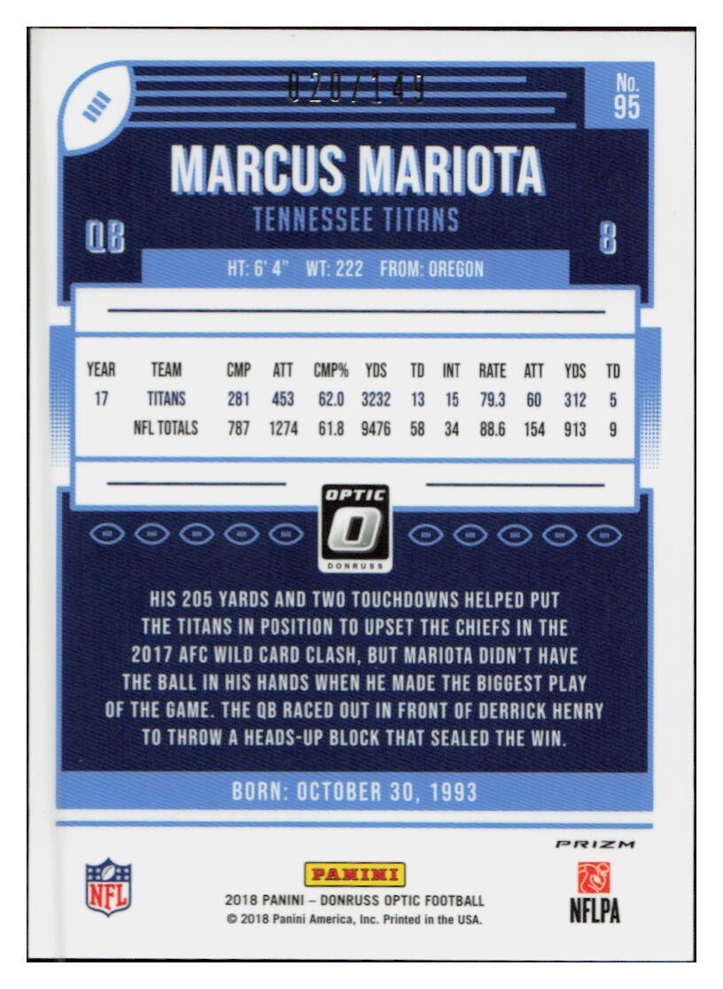 G963 MARCUS MARIOTA 2018 DONRUSS OPTIC BLUE PRIZM /149 TITANS #95 | eBay