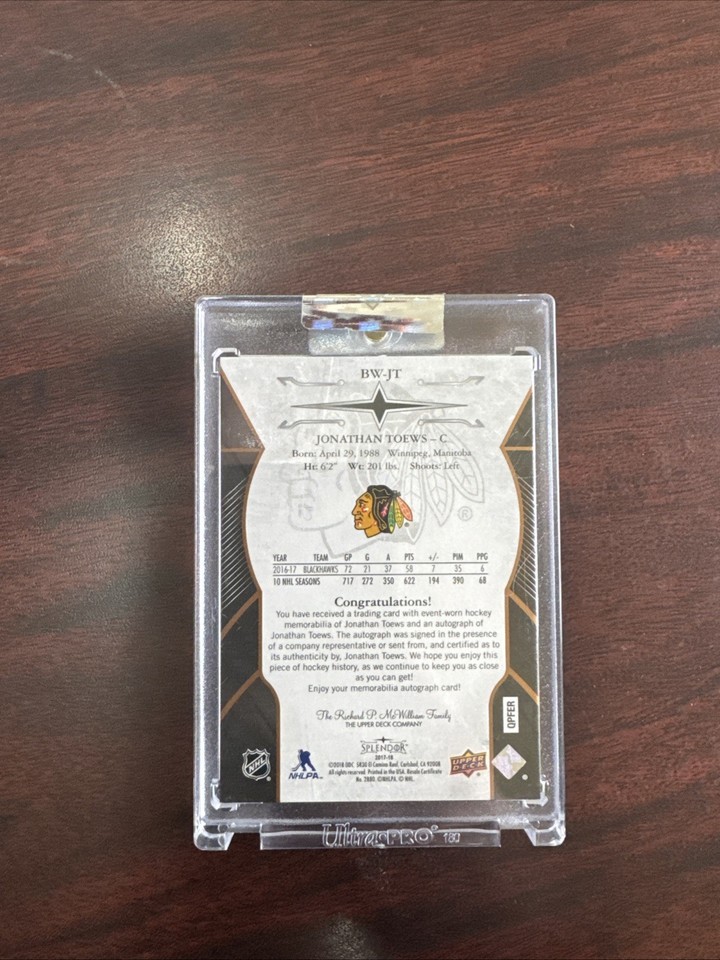 2017-18 UPPER DECK SPLENDOR JONATHAN TOEWS PATCH AUTO /12 Blackhawks BW ...