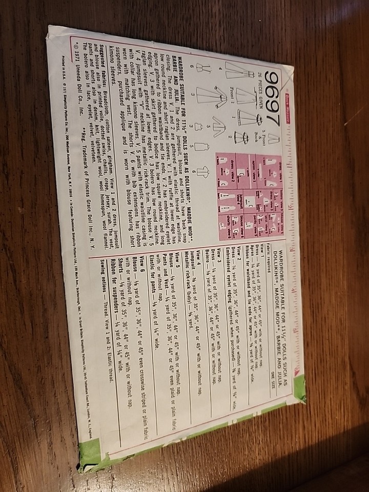 Vintage 1970's Simplicity 9697 DOLL CLOTHES Sewing Pattern 11.5 ...