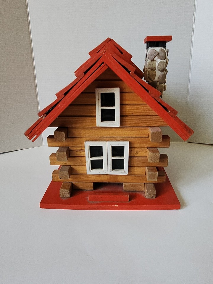 Vintage Wooden Log Cabin Bird Feeder Birdhouse Red Yard Porch Outdoor ...