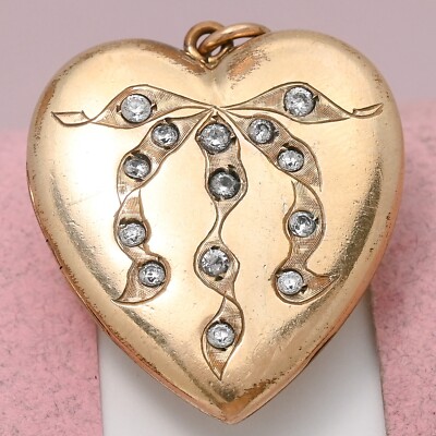 Antique Victorian Ribbon Heart Paste Yellow Gold Filled Pendant Locket ...