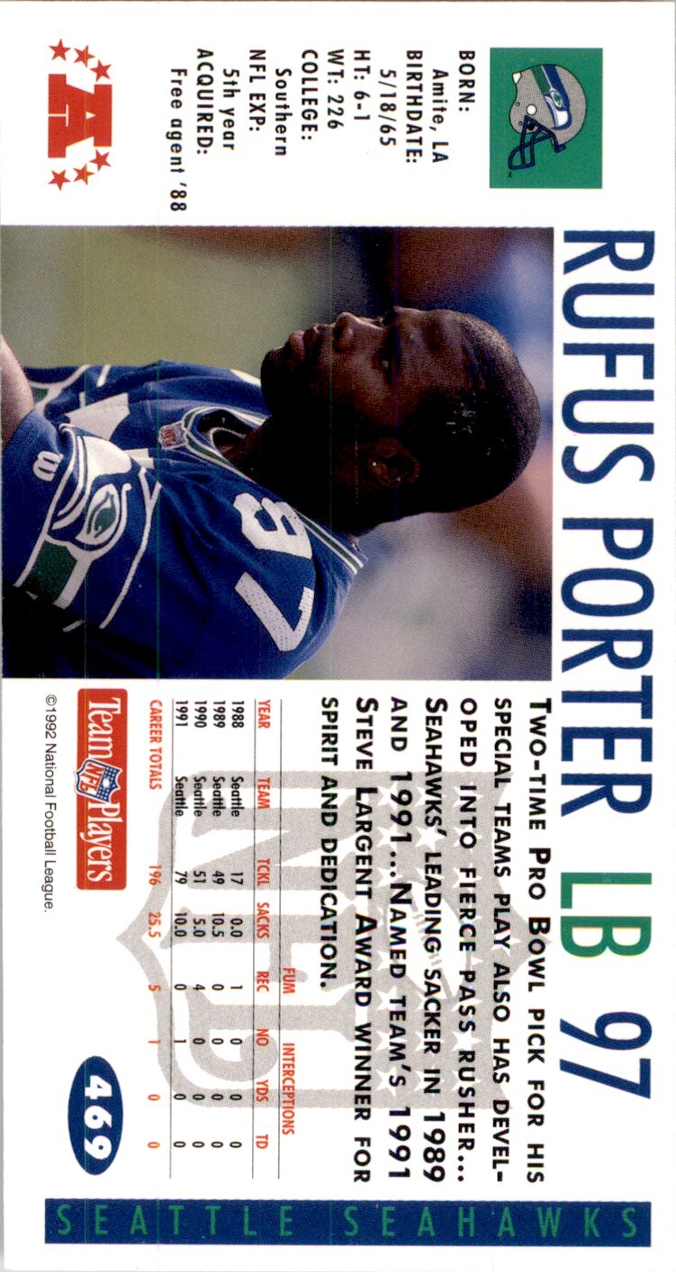 1992 NFL Gameday Tallboy Tall Boy RUFUS PORTER Seattle Seahawks #469 | eBay