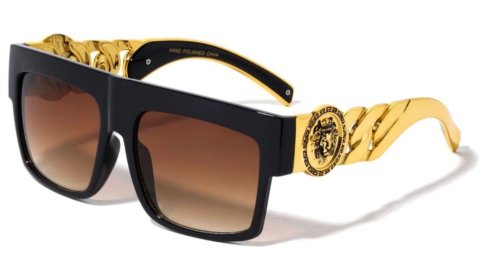BLACK GOLD CUBAN LINK CHAIN SQUARE MEDALLION SUNGLASSES RETRO DESIGNER ...