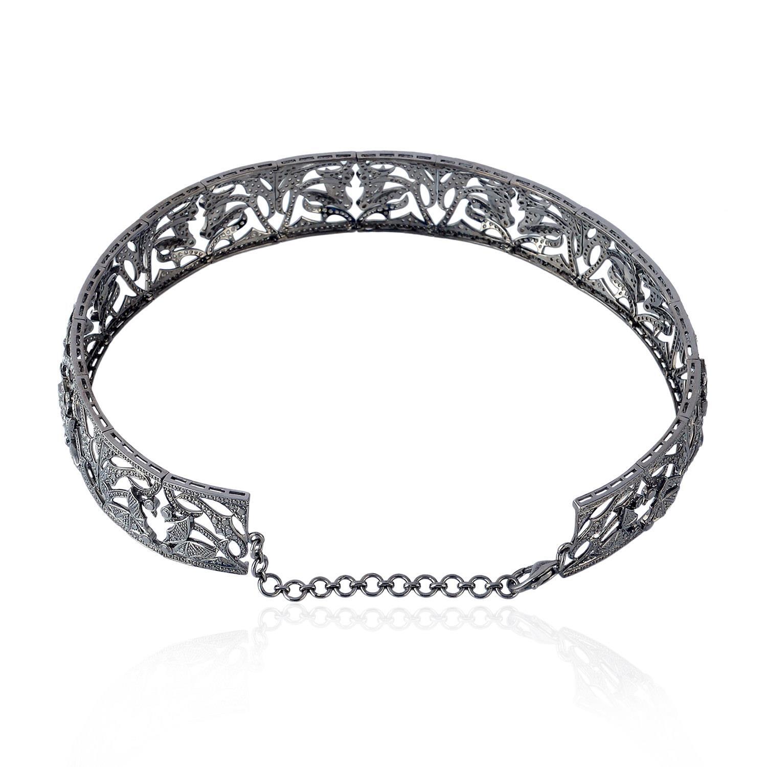 Pave Diamond 925 Silver Filigree Design Collar Chain Necklace Jewelry ...
