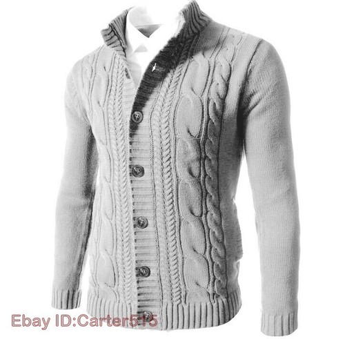 Mens Fall Cable Knitted Stand Collar Cardigan Sweaters Button Down ...