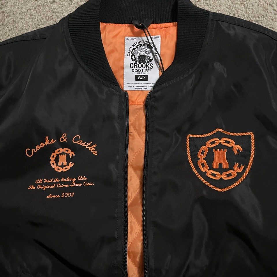 Crooks & Castles Bomber Jacket Mens Small Black Logo Orange Embroidered ...