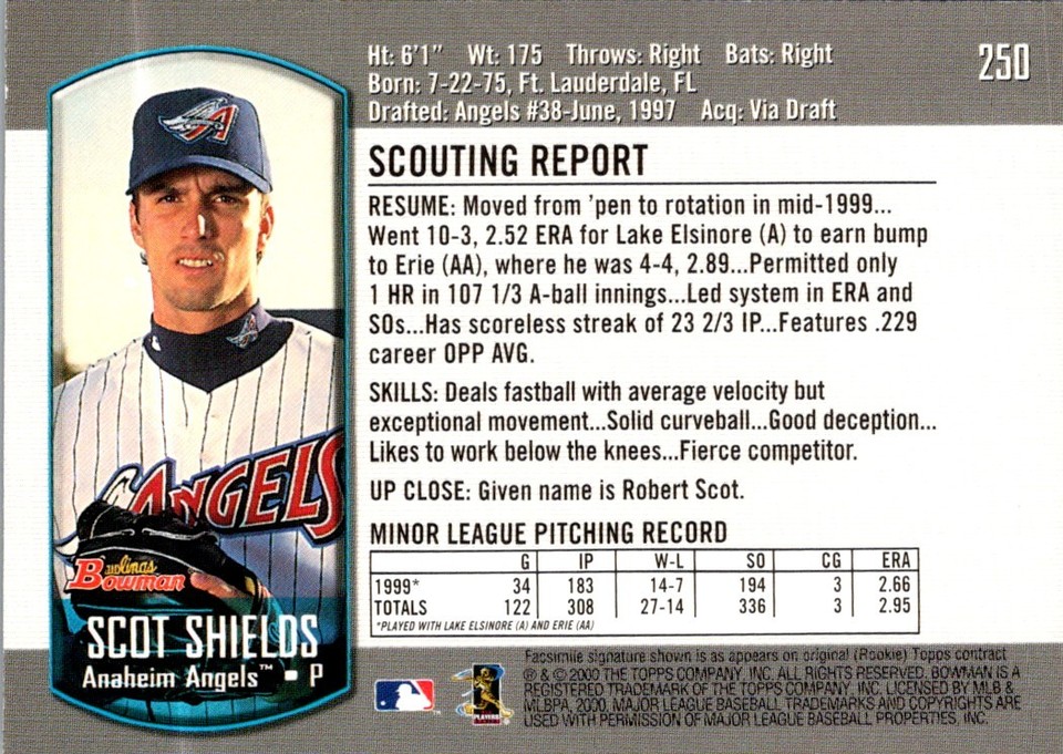 2000 Bowman Scot Shields #250 Anaheim Angels Baseball Card | eBay