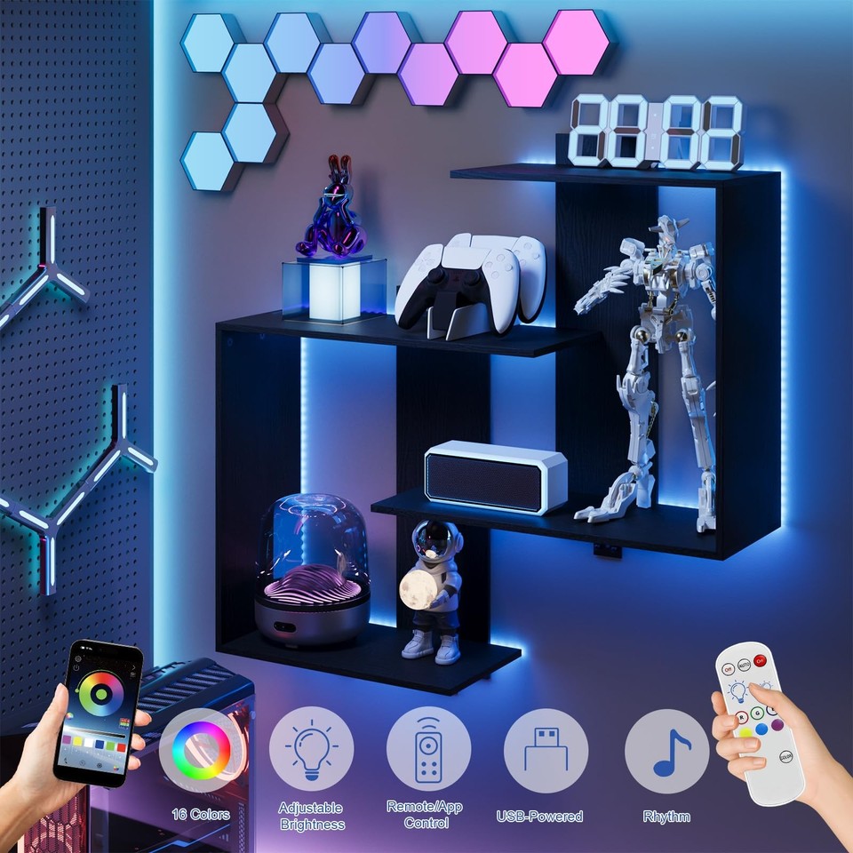 Gaming Floating Shelves with Lights, Wall Mounted Display Shelf, 16 ...