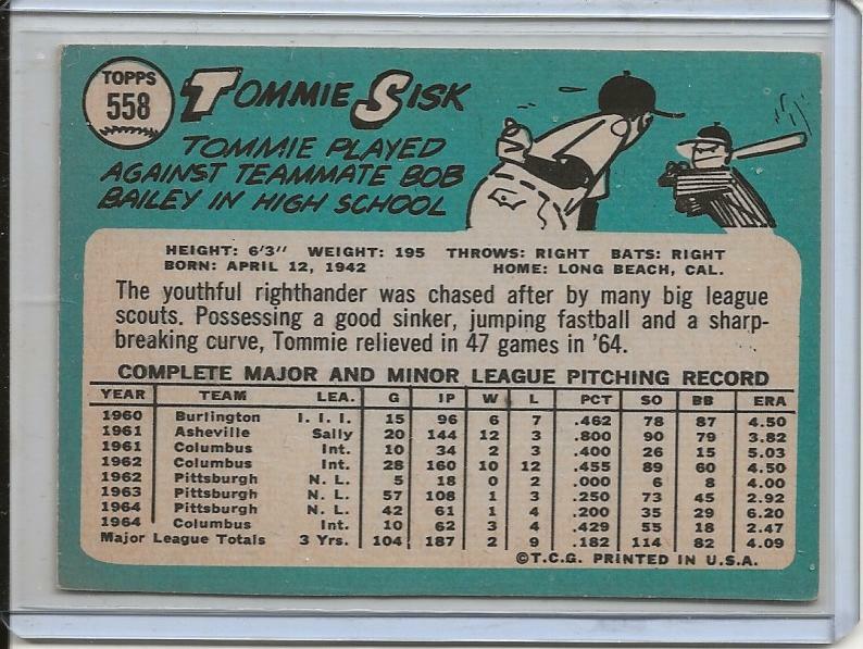 1965 Topps Baseball Card Tommie Sisk Pitcher P Pirates Near Mint HIGH ...