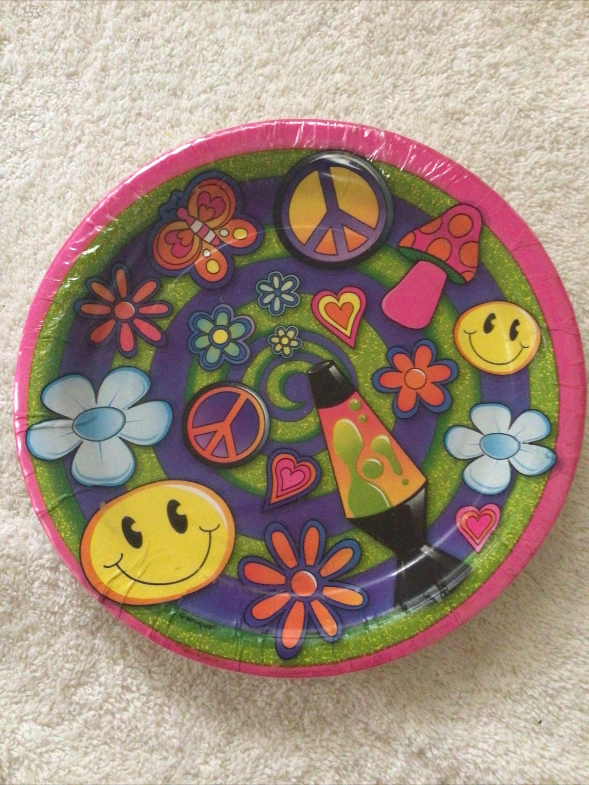 Vintage Groovy Hippie Peace PARTY LOT 8 Blowouts & 8 Dessert Plates NIP ...