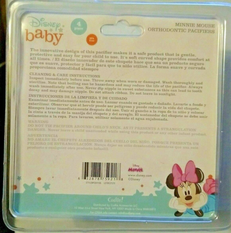 Disney Baby Girl Minnie Mouse Pink/White Ortho Pacifiers Soothers 4 ...