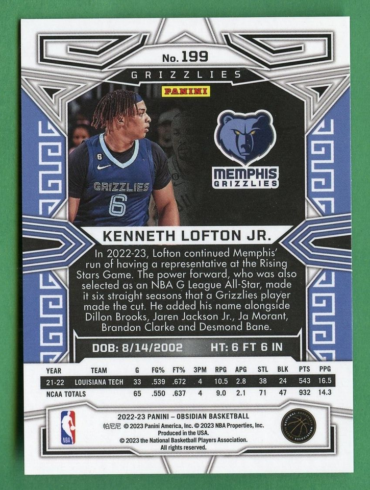 KENNEDY LOFTON JR 2022-23 PANINI OBSIDIAN BASKETBALL ROOKIE MEMPHIS ...