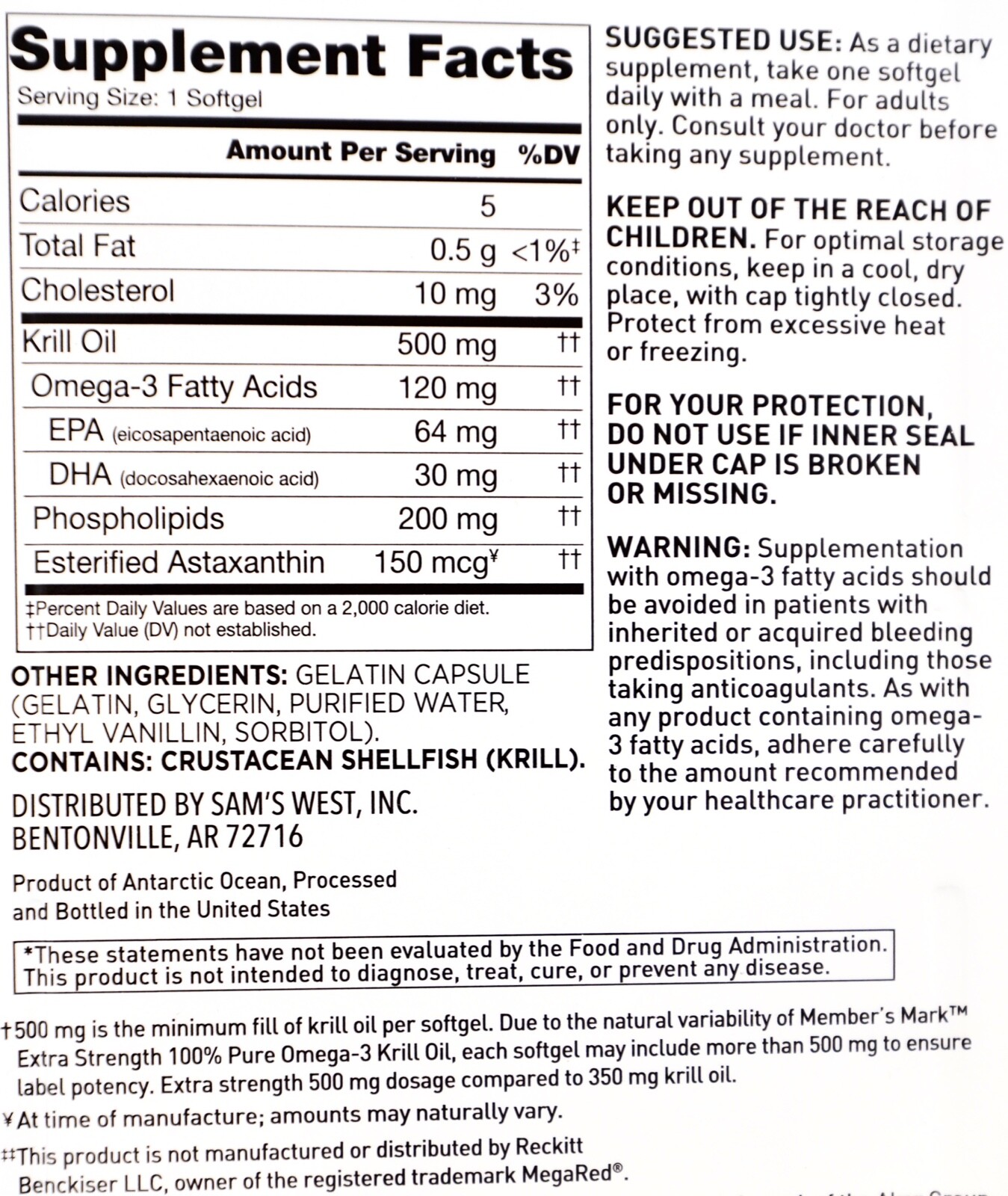 Member's Mark Extra-Strength 100% Pure Omega-3 Krill Oil 500mg Softgels ...