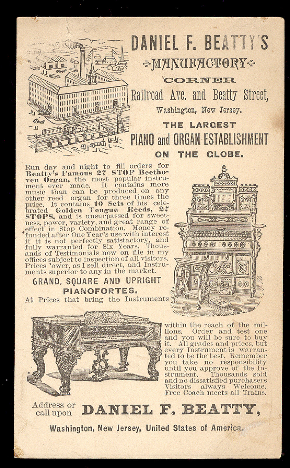 WASHINGTON, NJ TRADE CARD, BEATTY'S ORGANS & PIANOS, OUTSTANDING ...
