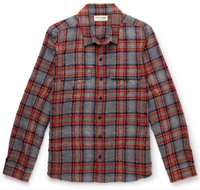 New Saint Laurent YSL Gray Red Check Print Western Crop Flannel Shirt ...