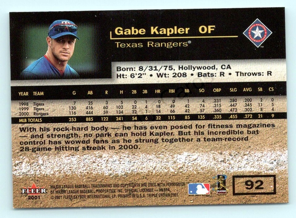 2001 Fleer Triple Crown Gabe Kapler Texas Rangers #92 MLB Baseball Card ...