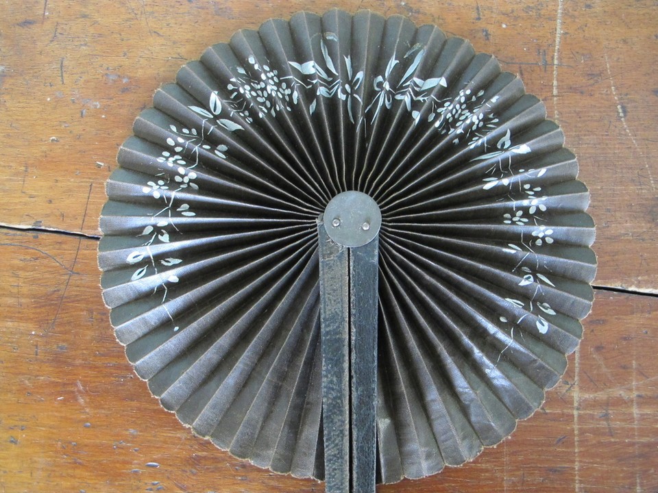 Antique Vintage Hand Painted Cloth Hand Fan Leather Covered Wood Handle ...