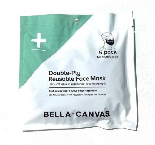 Bella + Canvas Reusable 2-Ply Cloth Face Masks,Black, M/L, Pack Of 5 ...