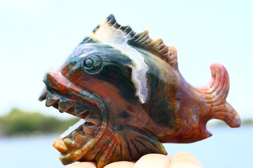 Carved 3.6" Ocean Jasper Fish Natural Crystal Skull Crystal gift ...