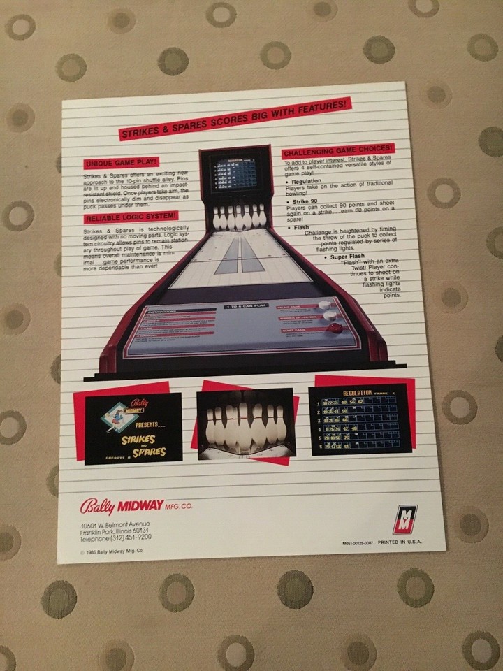 Bally/Midway Strikes and Spares Video Arcade Game Machine Flyer, 1985 ...