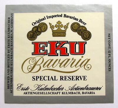 Erste Kulmbacher Actienbrauerei EKU BAVARIA beer label W. GERMANY 12oz ...