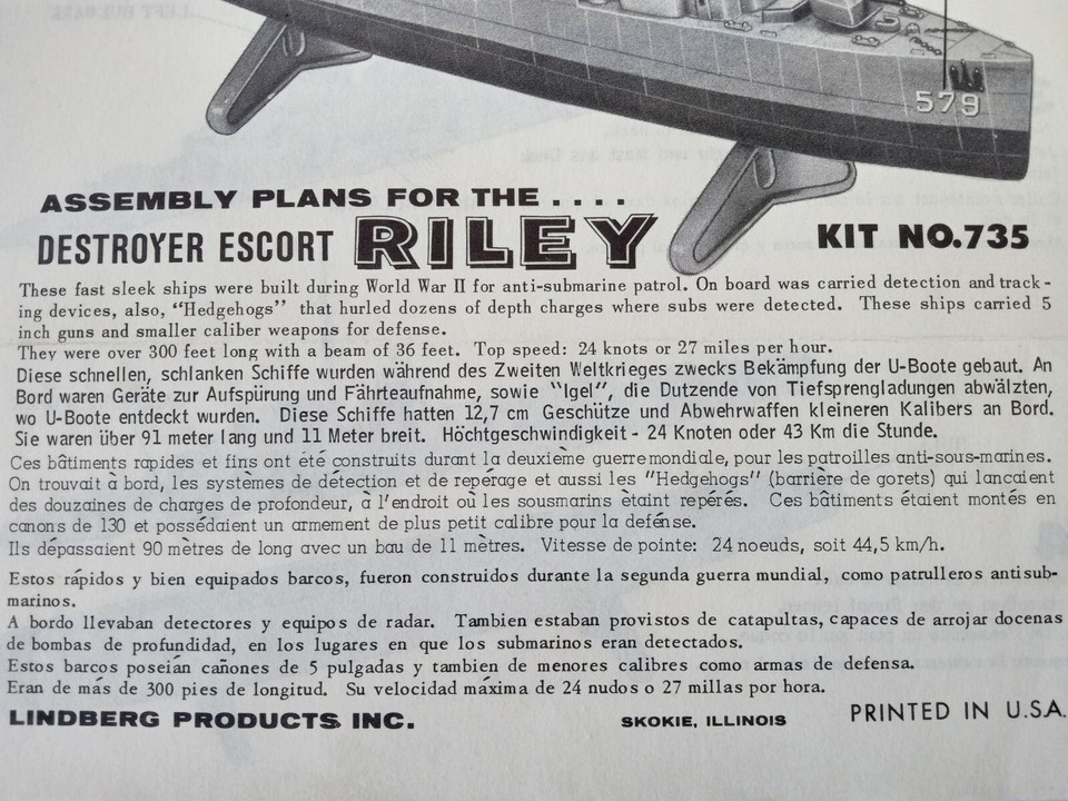 1961 LINDBERG DESTROYER ESCORT RILEY Model Kit 735-39 Instruction Sheet ...