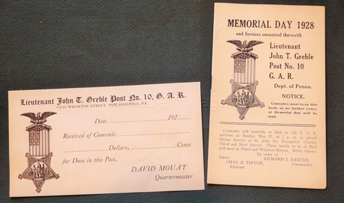 1928 LOT antique GAR MEMORIAL DAY SERVICES BOOKLET and BLANK RECEIPT ...